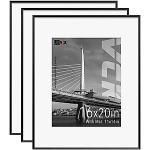 VCK Black 16x20 Picture Frame Metal for Wall, 3 Pack Aluminum Poster Frame with Real Glass, with Mat for 11x14 Photo or 16x20 without Mat, Great for Wall Arts, Prints