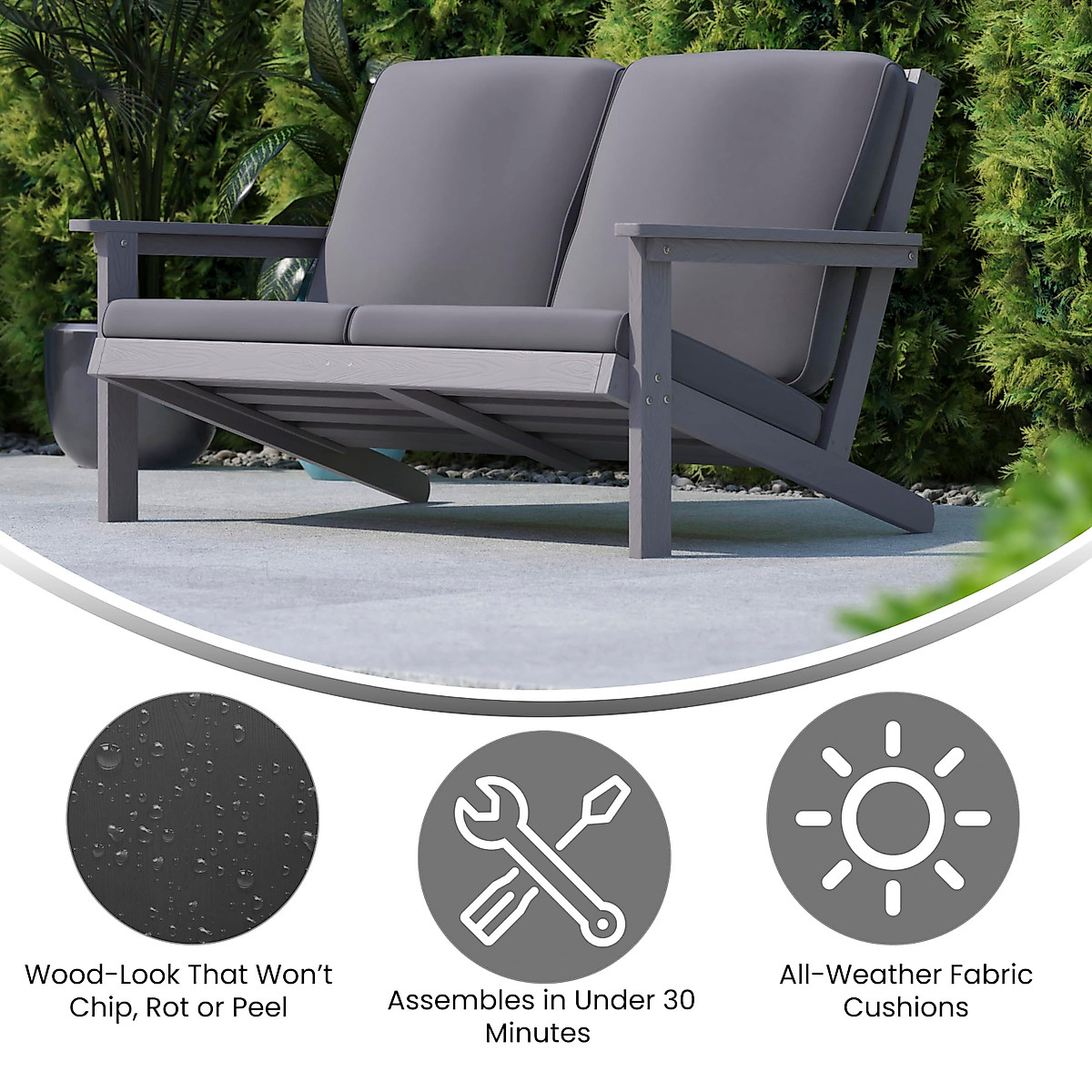 Merrick Lane Riviera Adirondack Style Deep Seat Patio Loveseat with Cushions - Gray Poly Resin Frame - Gray All-Weather Cushions - Indoor/Outdoor
