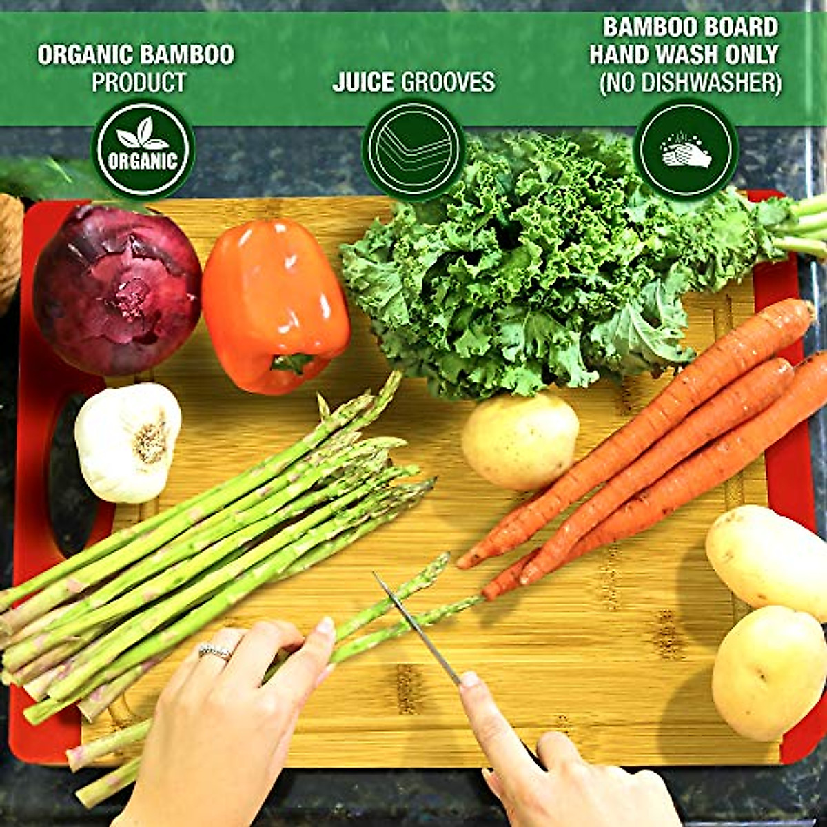 Organic Bamboo and Plastic Cutting Boards for Kitchen (2 Piece Set), Featuring Juice Grooves, Non-Slip, Grip on Granite Counter, Double Sided Chopping Board, BPA Free, by PandPal