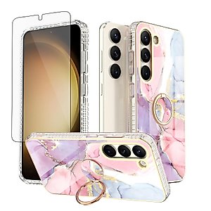 Asuwish Phone Case for Samsung Galaxy S23 5G with Screen Protector and Ring Holder Marble Shockproof Silicone Protective Rugged Slim Cell Cover S 23 23S GS23 G5 SM-S911U 6.1 inch Women Girls Purple