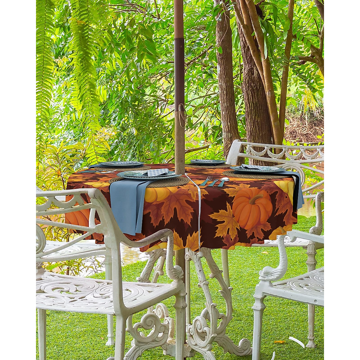 Thanksgiving Outdoor Tablecloths with Umbrella Hole and Zipper, Fall Pumpkin Maple Leaves Orange Yellow Brown Waterproof/Stain Resistant Round Table Cloth 54'' Patio Table Cover for Picnic/Party