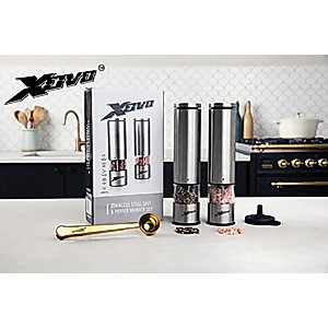 XOVO Electric Salt & Pepper Grinder Set - Battery Operated Stainless Steel Mill With LED Lighting - Electronic Adjustable Shakers - Ceramic Grinders - One Handed Automatic Operation - 2 Pack
