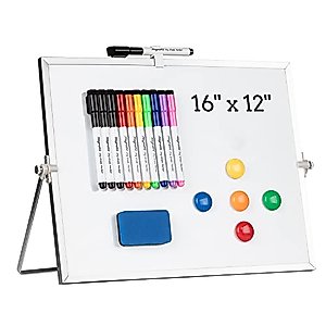 Dry Erase White Board, Cazeyoo Magnetic Desktop Whiteboard 16 x 12inch with Stand, 10 Markers, 4 Magnets and 1 Eraser, Portable Double-Sided White Board for Kids Drawing, Office, Home, School