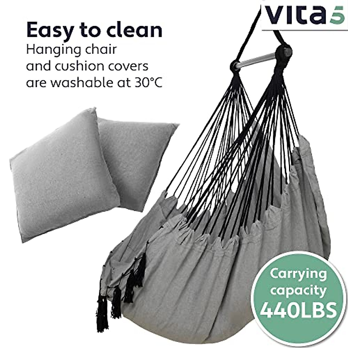 VITA5 Hanging Chair Outdoor & Indoor- Sturdy & Safe Hammock Chair - Stylish Boho Hanging Chair for Bedroom Decor - Easy to Assemble Hammock Swing - Comfy Padded Hanging Swing - Swinging Chair