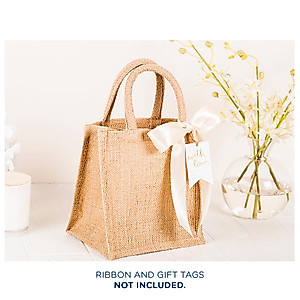 Imagine Color 50 Small Jute Burlap Gift Bags with Handles in Bulk, Burlap Tote, Wedding Welcome Bags, Bridesmaids Gifts, Bachelorette Party Favors Swag bags DIY Reusable 8”x 8”x6