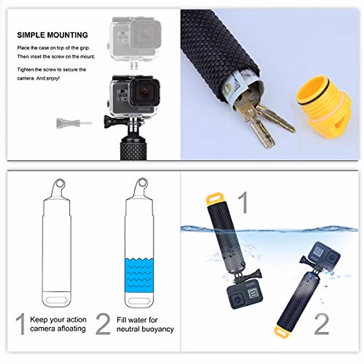 SOONSUN Waterproof Floating Hand Grip for GoPro Hero 11, 10, 9, 8, 7, 6, 5, 4, 3, 2, Hero Session, Fusion, Max, AKASO, SJCAM, DJI Osmo Action Camera Handler Handle Mount Accessories for Sports Camera