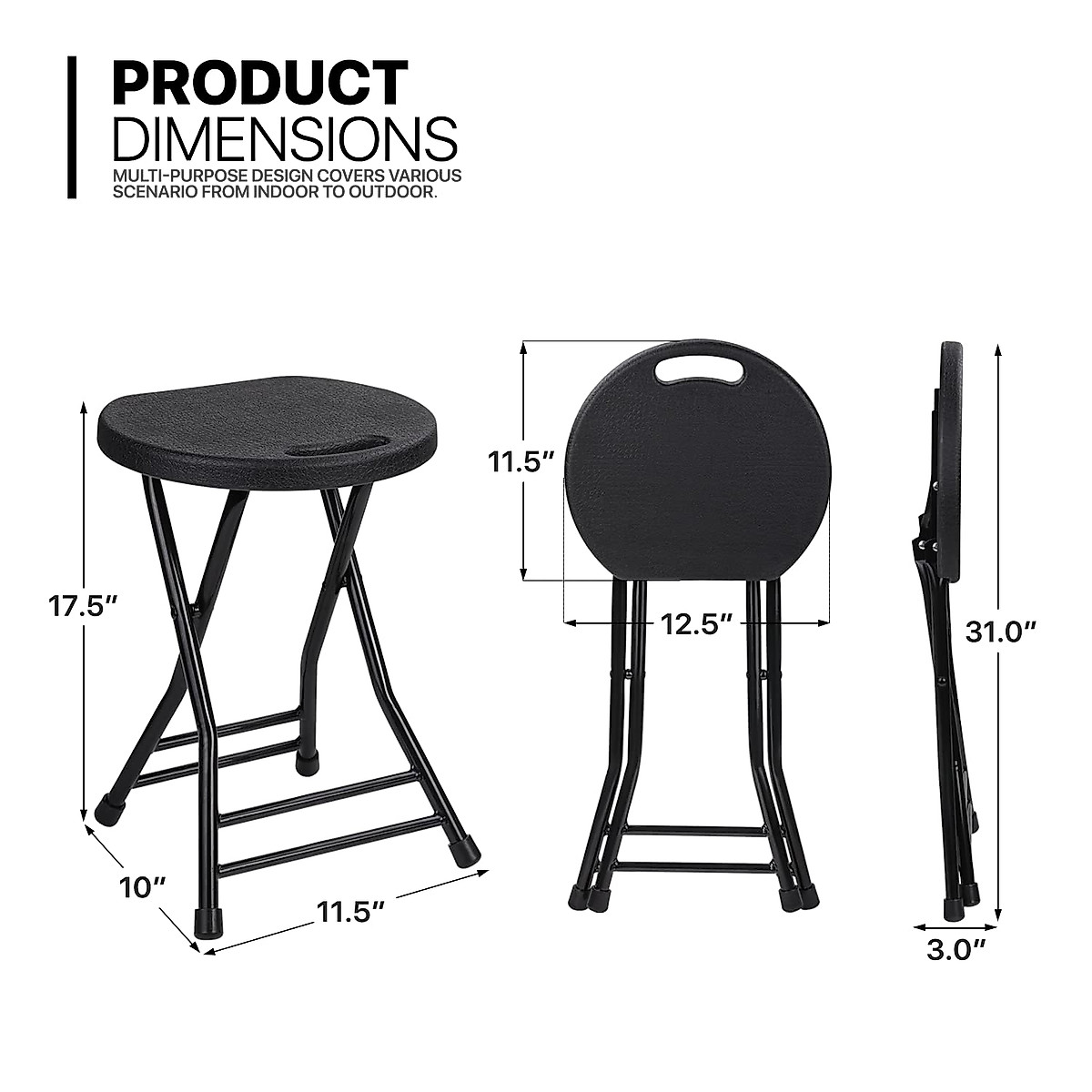 MoNiBloom 18 Inch Set of 6 Plastic Foldable Round Stools for Adults Small Lightweight Chairs for Dorm, Kitchen, Vanity and Outdoor use, 230 lbs Capacity, Black