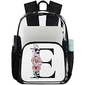 Heavy Duty Clear Backpack Stadium Approved, Alphabet Monogram Floral E Letter PVC Transparent Backpack See Through Large Bookbag for Work School Travel College