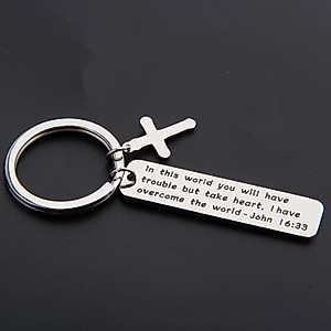 MAOFAED Religious Jewelry But Take Heart I Have Overcome the World Bible Verse Keychain Inspirational Biblical Quote Gift (KR-overcome the world)