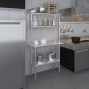 18" x 36" Stainless Steel Work Table with 12" Wide Double Tier Overshelf | Metal Kitchen Prep Table & Shelving Combo