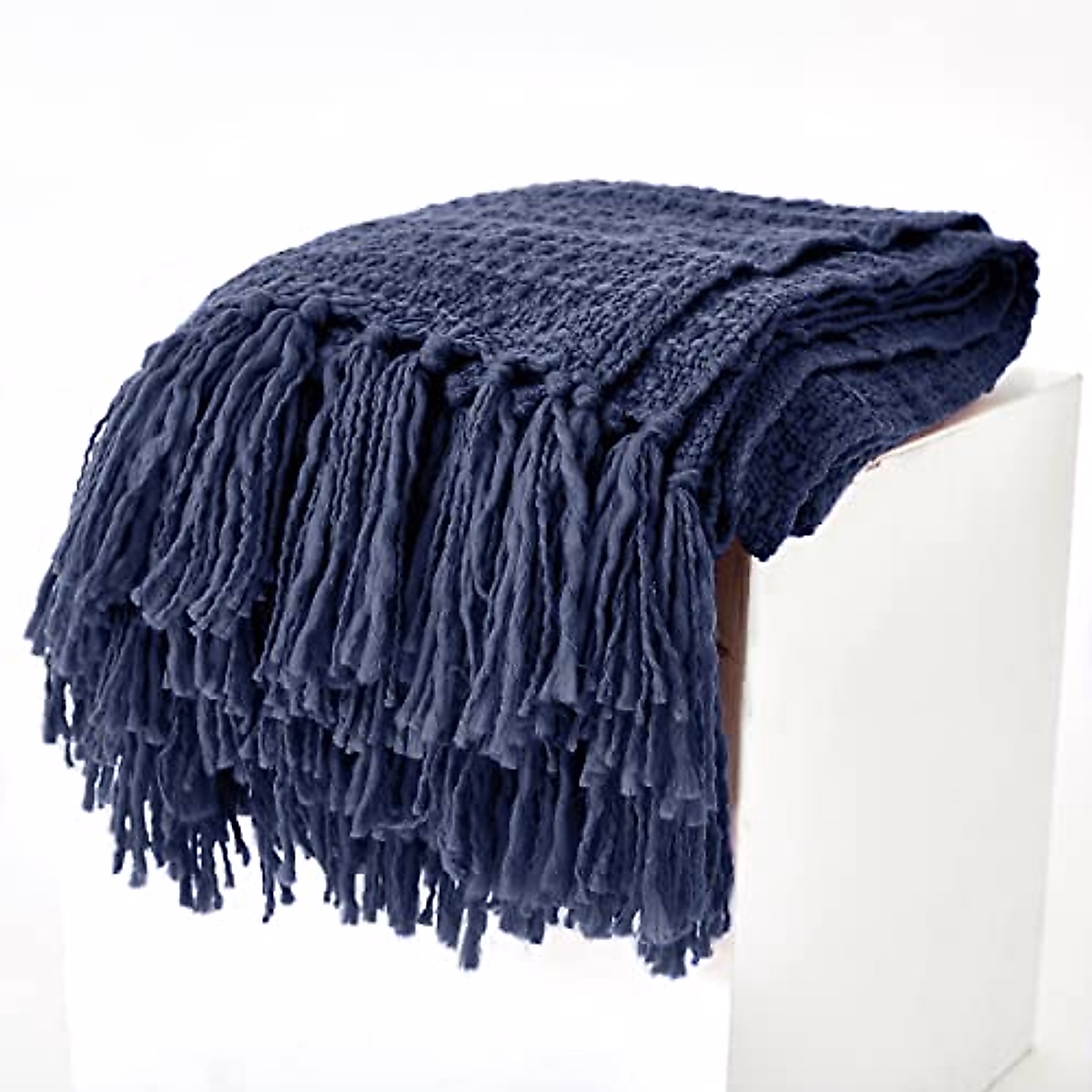 PANDATEX Thick Chunky Navy Blue Knitted Throw Blanket for Couch Chair Sofa Bed, Chic Boho Style Textured Basket Weave Pattern Blanket with Decorative Fringe, 50"x60"