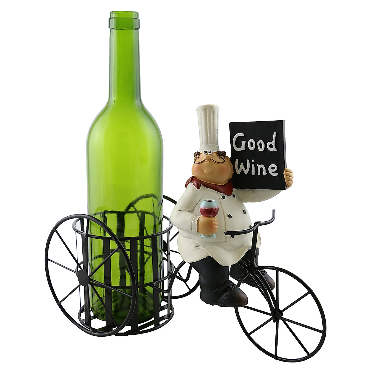 Kitchen Decorative Chef with Wine Glass and Good Wine Sign on Bicycle Metal Wine Bottle Holder with Polyresin Figure