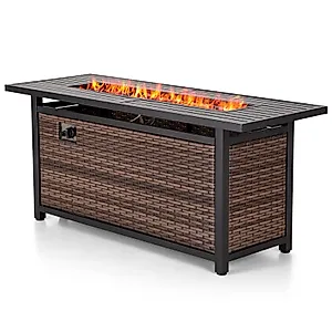 MFSTUDIO 56 Inch PE Rattan Gas Fire Pit Table,50000 BTU Rectangular Outdoor Propane Fire Pit Table with Waterproof Cover and Blue Stone for Patio Courtyard Balcony,Brown
