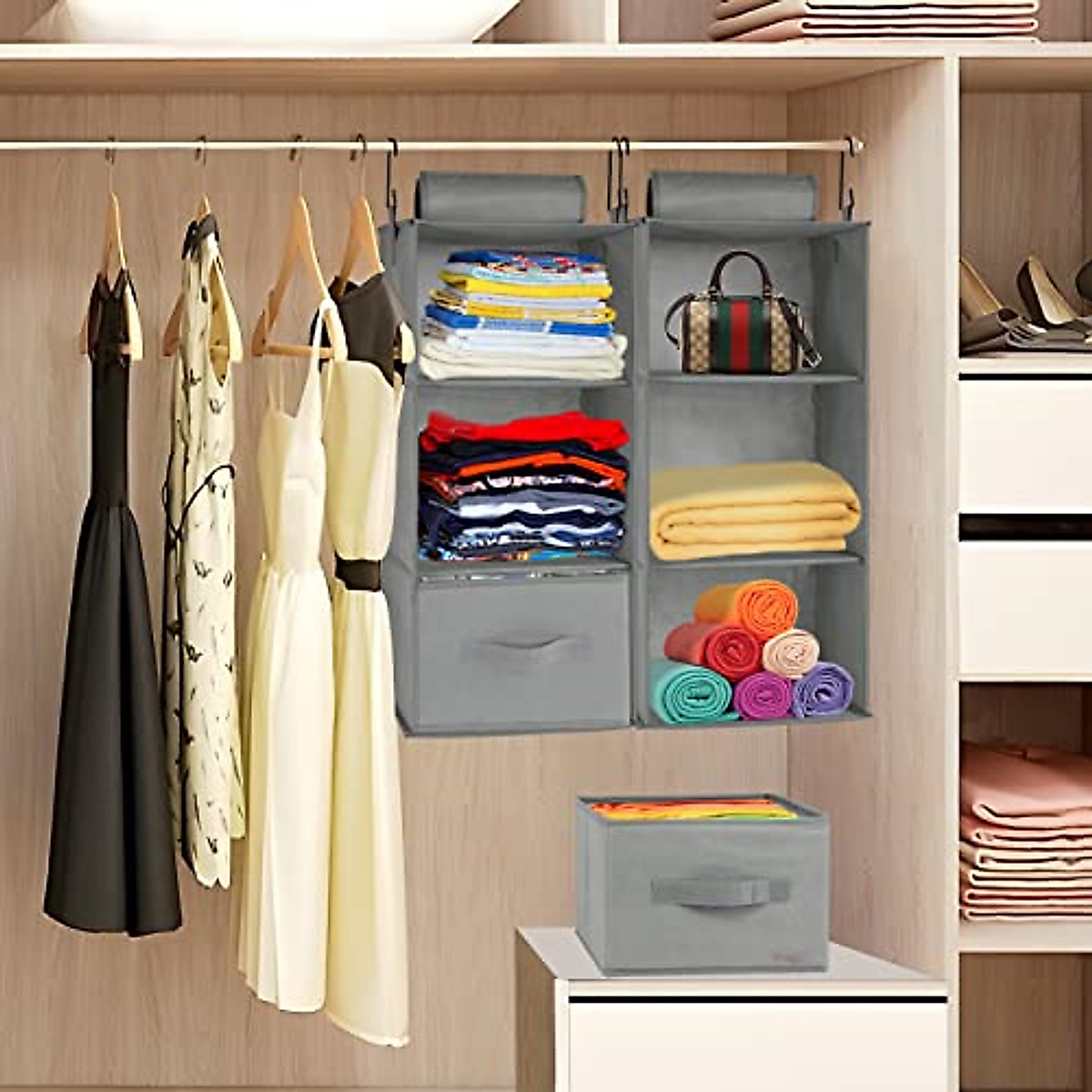 Hanging Closet Organizer, 2 Pack Hanging Closet Shelves w/ Drawers, 3-Shelf Foldable Hanging Organizer by 2 Hanging Ways for Closet Wardrobe Rv Dorm Bedroom Nursery Storage, 22.8x11x11in (Gray)