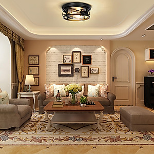 Baocuz 2-Light Flush Mount Ceiling Light Fixture, Farmhouse Light Fixtures Ceiling Mount for Hallway, Metal Cage Black Ceiling Lighting Lamp for Kitchen, Living Room, Entryway (2 Pack)