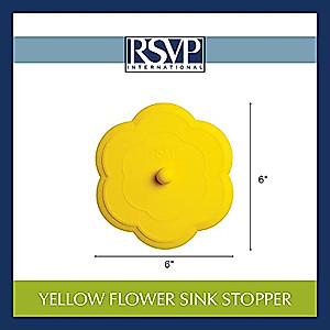 RSVP International Yellow Silicone Flower Kitchen Stopper, 6" | Sink Plug | Water-Tight Seal | Durable Silicone Withstands Hot Water | Dishwasher Safe