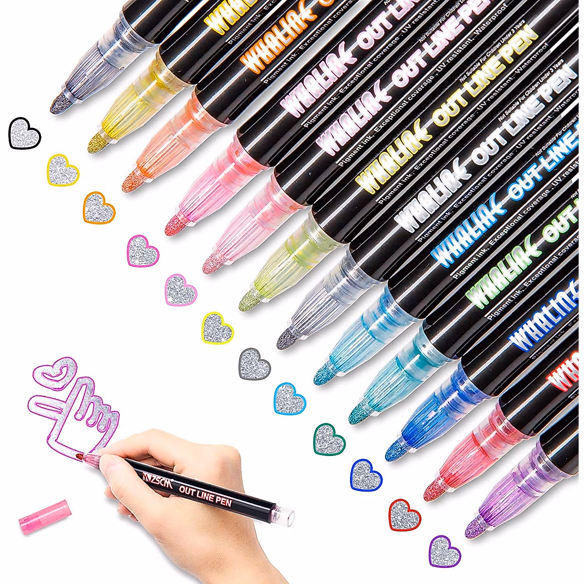 Whaline Double Line Outline Pens, 12 Colors Self-Outline Metallic Markers Glitter Writing Drawing Pens for Christmas Card Writing, Birthday Greeting, DIY Art Crafts, Scrap Booking