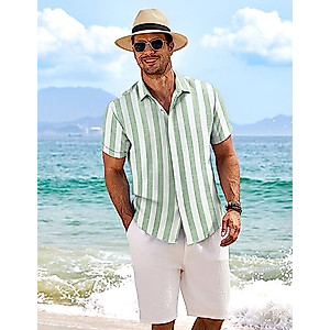 COOFANDY Men's Linen Cotton No Wrinkle Short Sleeve Button Down Shirts Pink Green Stripe