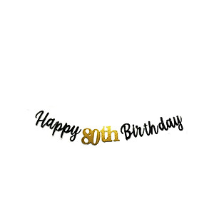 Black Happy 80th Birthday Banner Sign Gold Glitter 80 Years Birthday Party Decorations Supplies Anniversary Celebration Backdrop Pre-Assembled (Black)