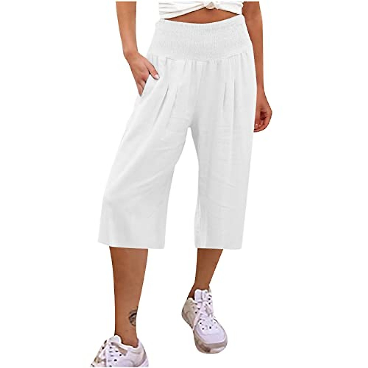 YMADREIG High Waisted Linen Pants for Women Dressy Casual Capris Wide Leg Summer Pants Elastic Waistband Gaucho Pants Workout Yoga Palazzo Pants Vacation Lounge Boho Pants with Pocket