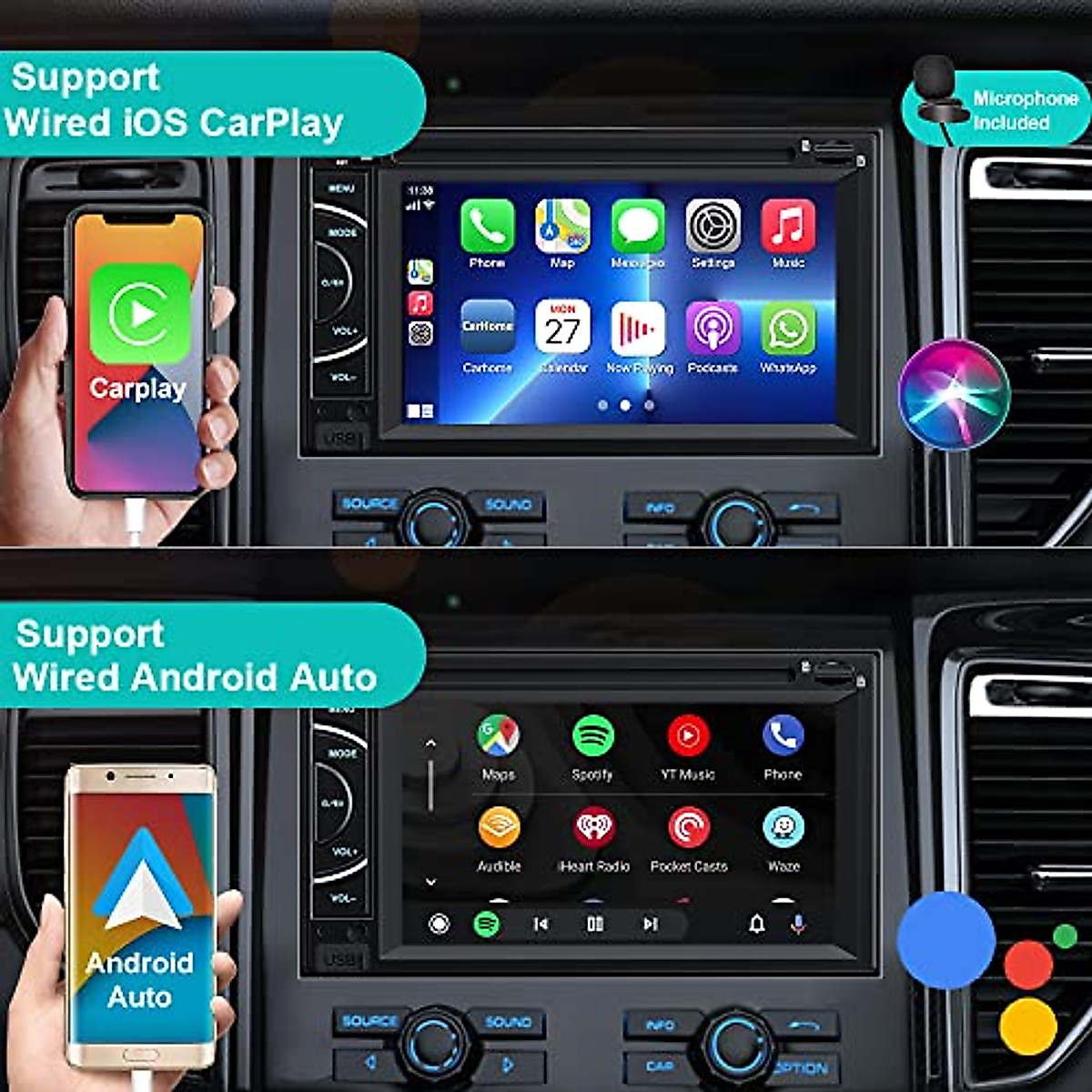 Double Din Car Stereo Radio with CD/DVD Player, Backup Camera, Bluetooth 5.2, CarPlay Android Auto Voice Control, 7inch Touchscreen Head Unite with AM FM Radio, Mirror Link, DSP, SWC, A/V Input