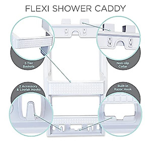 Bath Bliss Multi Hanging Option Shower Caddy | Over the Showerhead | Adhesive Backing | Screw Mount | Organizer | Large Shampoo & Conditioner Bottle Holders | Razor & Loofah Hooks | White