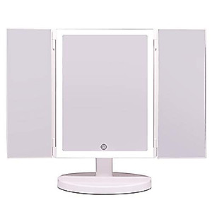 KXA Tri-Fold Vanity Mirror, 24 LED Lighted with Touch Screen 1X/2X/3X Magnification and USB Charging Adjustable Brightness and Stand for Makeup