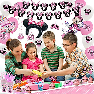 206 Pcs Birthday Party Supplies Serves 20 Guests, Party Decorations with Mouse Banner, Cake Topper, Spoons, Fork, Knife, Napkins, Tablewear,Tablecover and Hanging Swirls