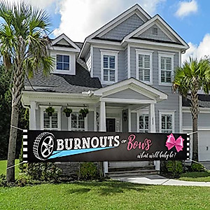 ZDX Burnouts or Bows Gender Reveal Theme Banner With 13 Feet White Rope (118 x 20 inches) Kids Baby Shower Party Banner Decor Photography Backdrops Outdoor & Indoor Hanging Cake Table Supplies Banner