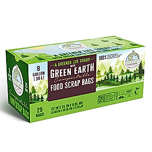 Green Earth Compostable Medium Kitchen Food Scrap Waste Bags, Compost Bin Compatible, 8 Gallon, 30 Liter, 25-Count, 0.85 Mil Thickness, ASTM D6400, US BPI and Europe OK Compost Home Certified, USA