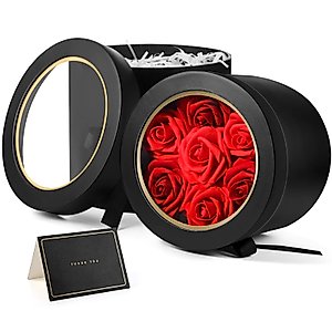 Outus Valentines Day Floral Boxes, Round Flower Boxes for Arrangements, 2 Tier Gift Boxes with Lids, Double Layer Rotating Bouquet Boxes with Paper Cards Raffia for Wedding Gift(Black)