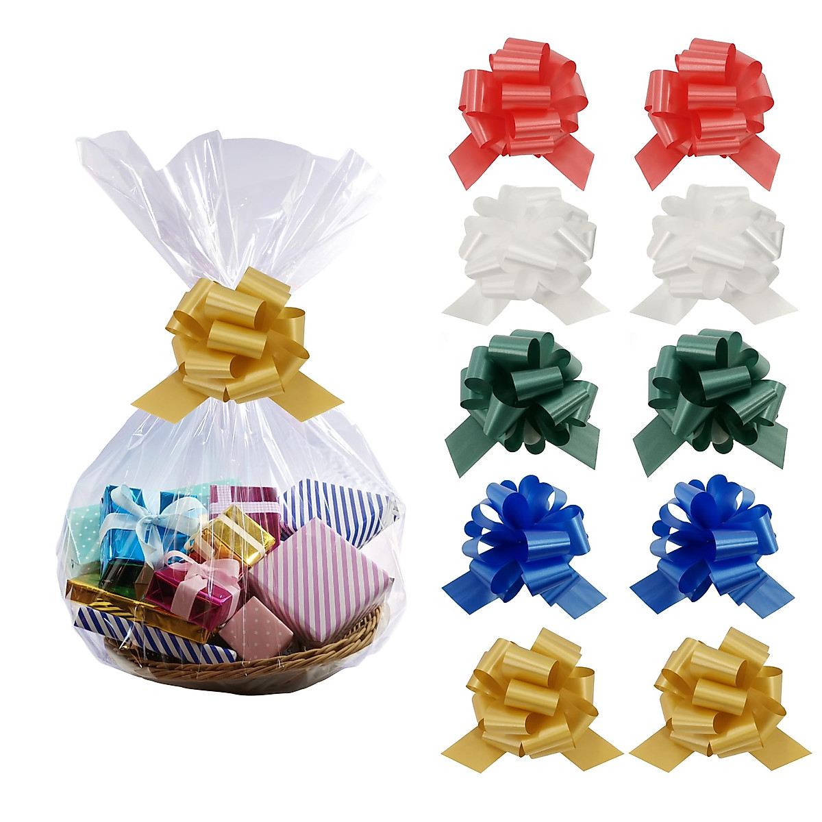 Wowfit Cello Bags with Gift Wrap Bows,10 CT 24x30 Clear Cellophane Bags wiht 6" Pull Bows Perfect for Gift Baskets, Presents, Weddings, Bridal/Baby Showers