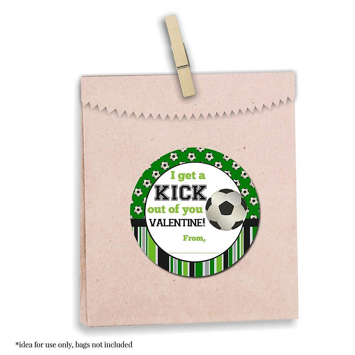 Kick Out of You Soccer-Themed Valentine Party Favor Sticker Labels, 40 2" Party Circle Stickers by AmandaCreation, Great for Classroom Valentines, Envelope Seals, Gifts & Treats