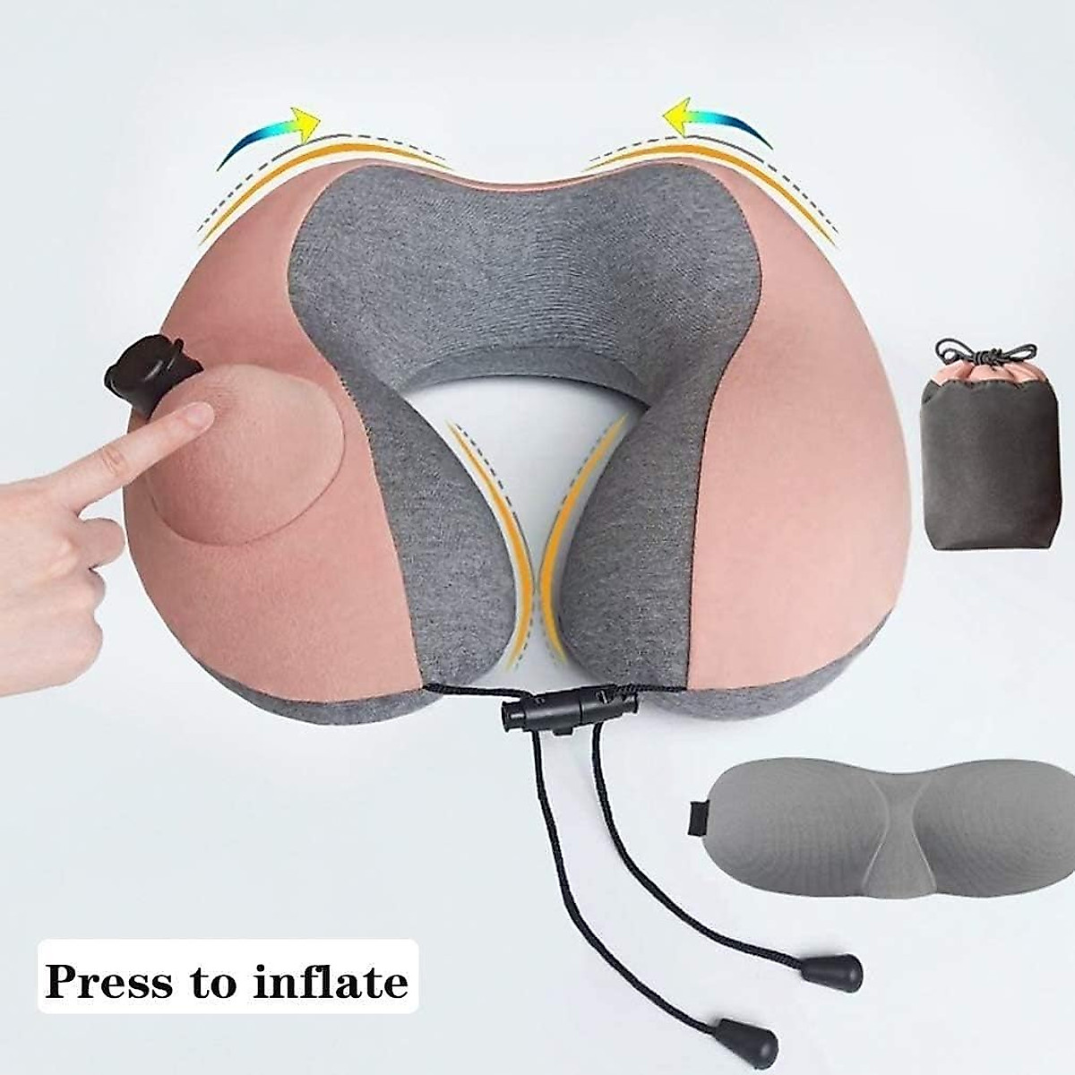 PATINS Inflatable Travel Pillow Neck Cushion for Airplane or Car Travel,Washable Pillowcase U Shaped Office Napping Pillow with Earplugs and Eye Mask for Airplanes Cars Buses Trains Office