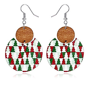 coadipress Colorful Christmas Plaid Round Wooden Dangle Earrings for Women Plaid Snowflake Deer Tree Flower Print Earrings Lightweight Wooden Earring Christmas Jewelry (Christmas Tree)