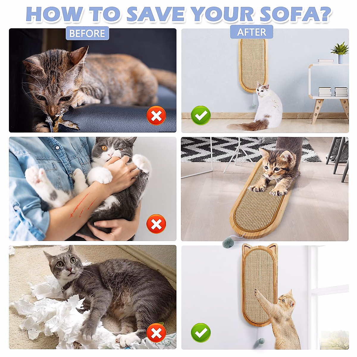 Cat Wall Scratching Post, Sisal Cat Wall Scratcher with Cat Ball Toy, Folding Wall Mount Cat Scratcher, Wood Cat Scratching Board for Couch Protector, Cat Wall Furniture for Cats