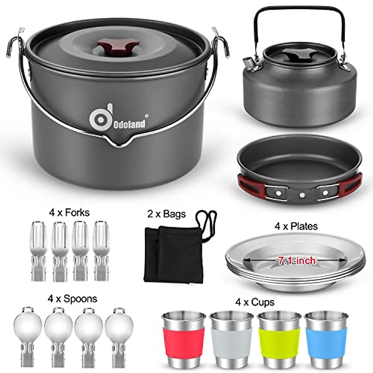 Odoland 22pcs Camping Cookware Mess Kit, Large Size Hanging Pot Pan Kettle with Base Cook Set for 4, Cups Dishes Forks Spoons Kit for Outdoor Camping Hiking Picnic