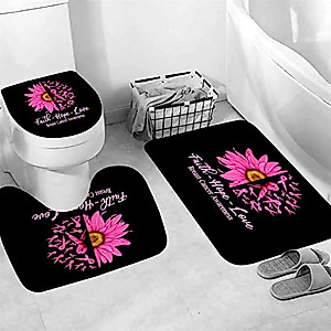 EARVO 4Pcs Breast Cancer Awareness Shower Curtain Curtain Set with Non-Slip Rugs, Toilet Lid Cover and Bath Mat, Pink Ribbon Bath Curtain 71x72 inches 12 Hooks SETYYEA22