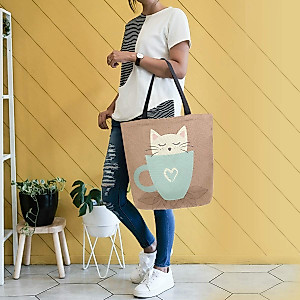 ALAZA Large Canvas Tote Bag Hello Fall Cute Cat Coffee Brown Shopping Shoulder Handbag with Small Zippered Pocket