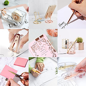 Rose Gold Office Supplies and Accessories, Acrylic Stapler, Staple Remover, Tape Holder, Pen Holder, Ballpoint Pen, Scissor, Binder Clips, Staples, Phone Holder, Ruler, Transparent Glue and 300 Notes