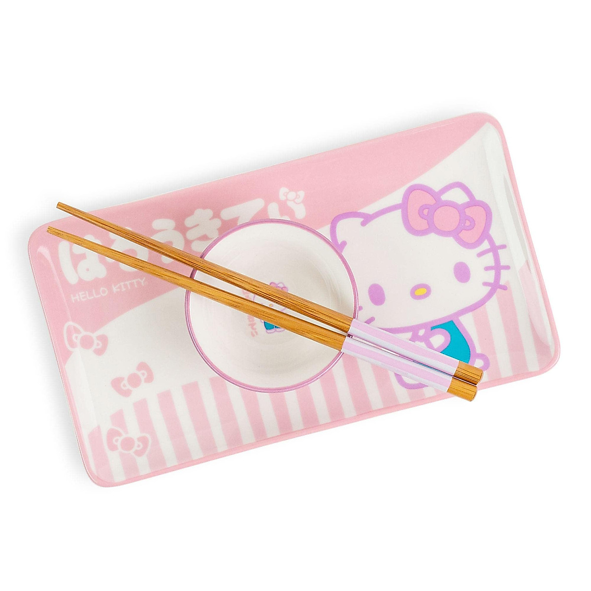 Sanrio Hello Kitty Pink 3-Piece Ceramic Sushi Set With Sauce Bowl and Chopsticks