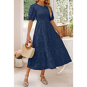 ZESICA Women's 2025 Summer Short Puff Sleeve Crewneck Smocked Floral Lace Flowy A Line Tiered Maxi Dresses,Navy,Small