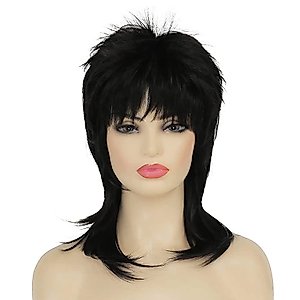 Amnenl Mullet Wig for Women Black Wig Shoulder Length Shaggy Layered Wig Curly 80s Wig Heat Resistant Cosplay Daily Hair Wigs (Black)