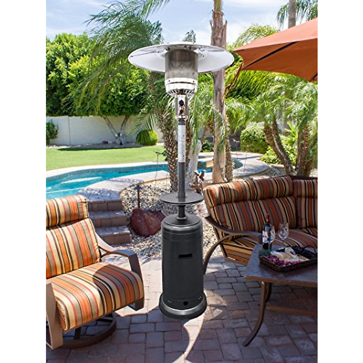 Hiland HLDS01-CB 48,000 BTU Propane Patio Heater w/Wheels and Table, Large, Hammered Silver