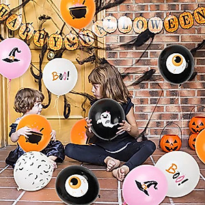 60Pcs Halloween Balloons Set- 12" Halloween Pink Orange Black White Latex Balloons Print with Ghost Boo Bat Witch Hat for Halloween Baby Shower Kids Halloween Birthday Party Favor Decor Supplies