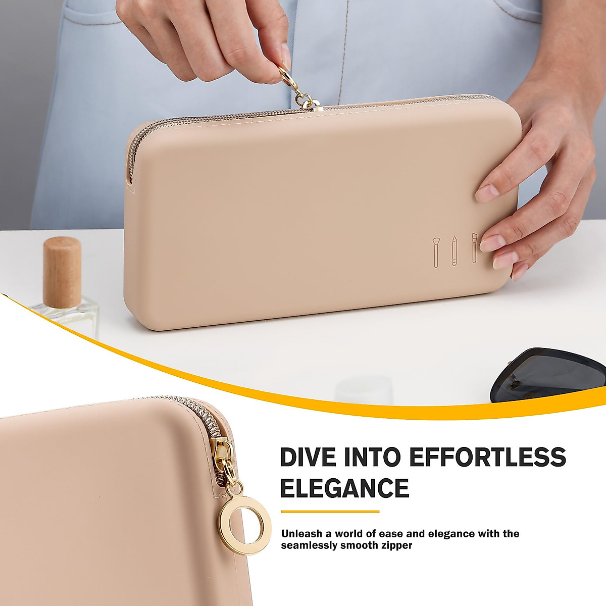 BEZOX Stylish Silicone Makeup Brush Bag - Travel Makeup Brush Holder, Portable Cosmetic Bag Zipper Pouch, Silicon Toiletry Bag Case - Khaki