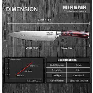 AIRENA Chef Knife - Pro Kitchen Knife 8 Inch Chefs Knife High Carbon German Stainless Steel Sharp paring Knife with Ergonomic Handle