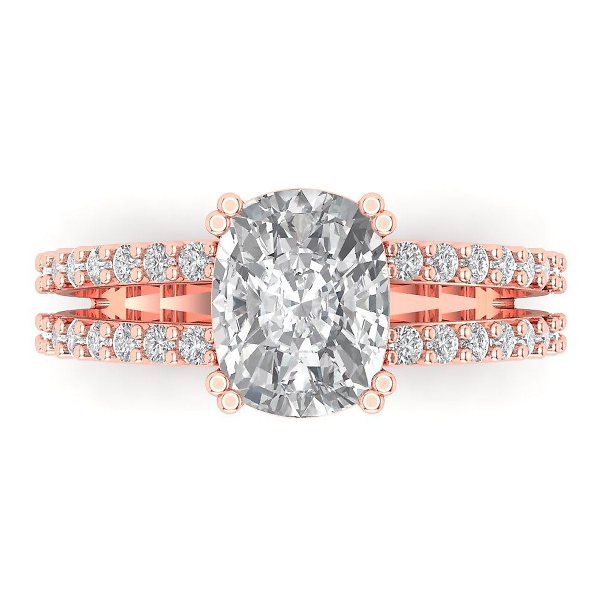 3.96 Ct Brilliant Cushion Cut Clear Simulated Diamond 14K Rose Gold Solitaire with Accents Engagement Anniversary Ring Size 8