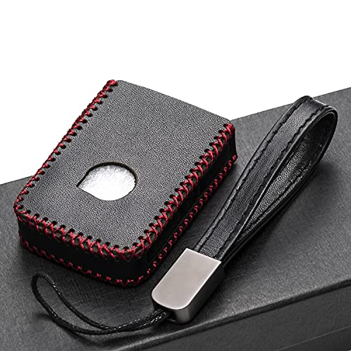 Vitodeco Genuine Leather Smart Key Fob Case Compatible with Volvo XC40, XC60, XC90, S90, S60, V60, V90 2019-2023 (4-Button, Black/Red)