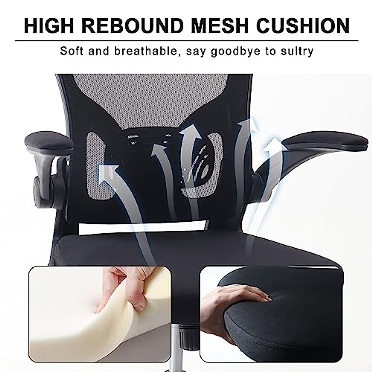 SUKIDA Office Chair with Headrest - Ergonomic Office Chair with Neck Support, Black Mesh Computer Desks Chairs Wheels Back Support Back Pain Comfortable Flip Up Arms Comfy for Home Bedroom